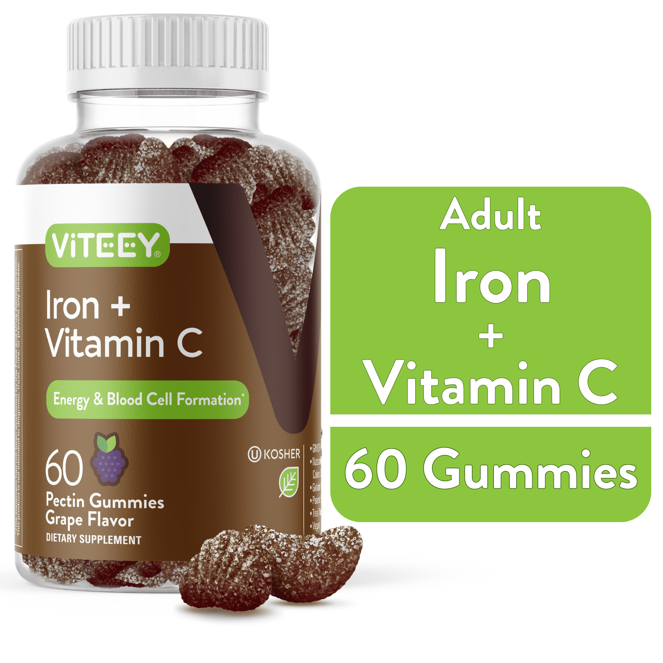 VITEEY Iron Gummies with Vitamin C 20mg, Energy & Blood Support, Grape ...