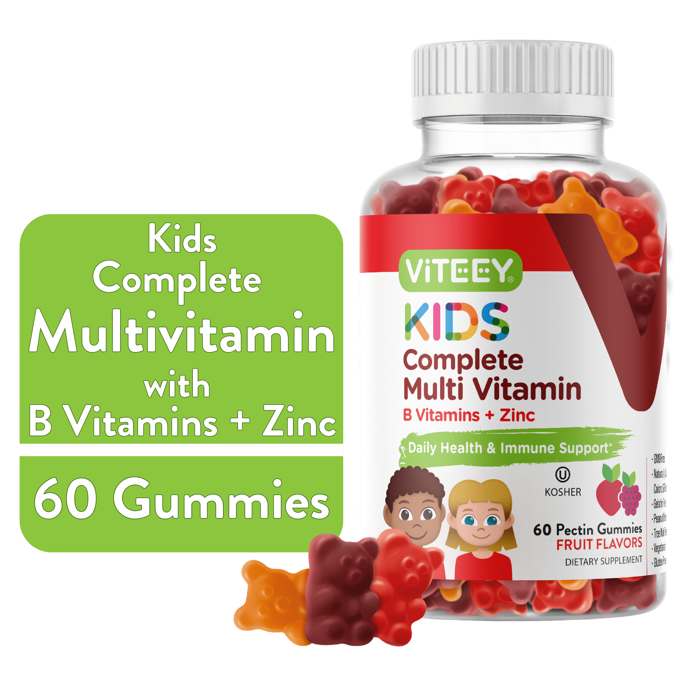 VITEEY Kids Multivitamin Gummies for Immune Support, Fruit Flavor, 60 ...