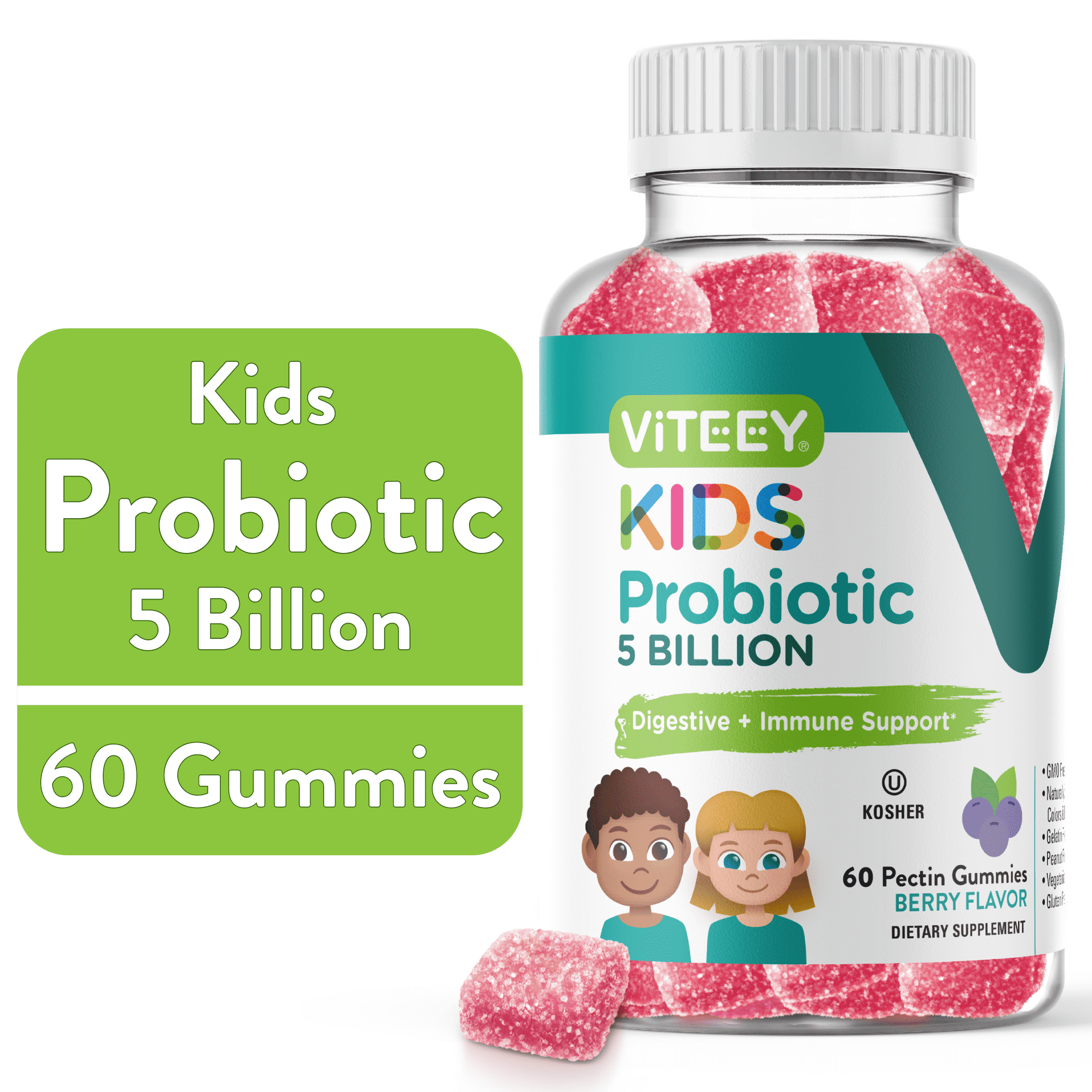VITEEY Kids Probiotic Gummies 5 Billion CFUs, Digestive and Immune Support, Berry Flavor, 60 ...