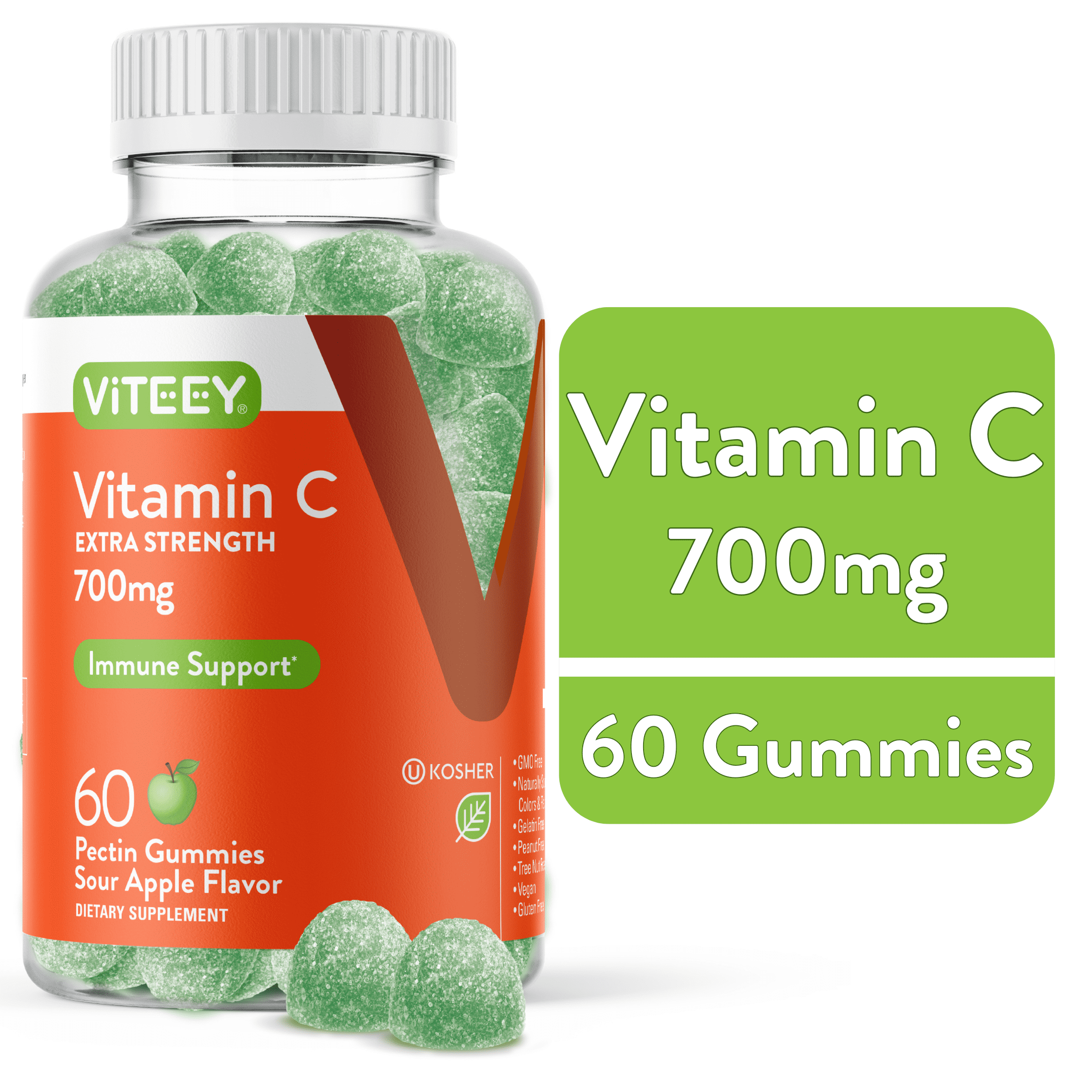 VITEEY Vitamin C Gummies 700mg, Immune Support, Sour Apple Flavor, 60 ...