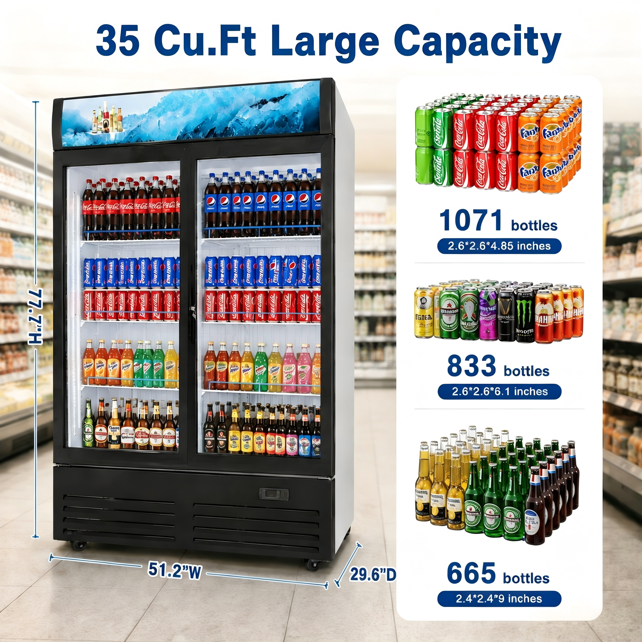 VITLIFE 35.3 Cu.Ft. Commercial Merchandiser Refrigerator, 2 Glass Door ...