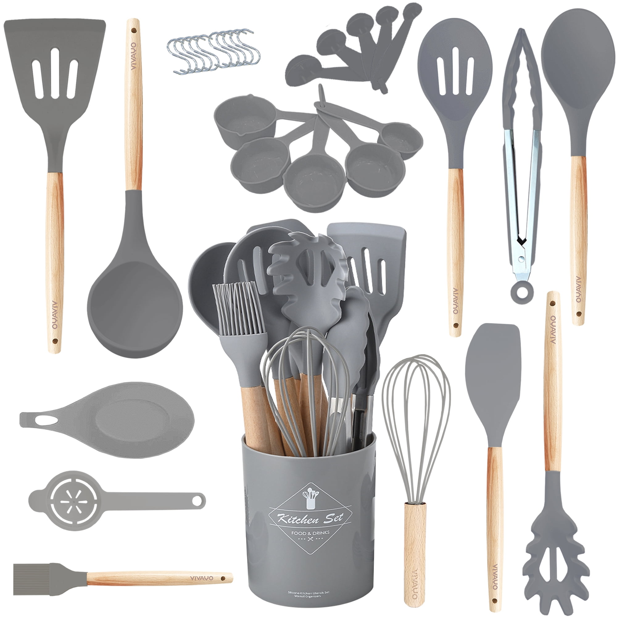 VIVAYO Kitchen Utensils Set, 32 Pcs Non-Stick Silicone Cooking Utensil ...