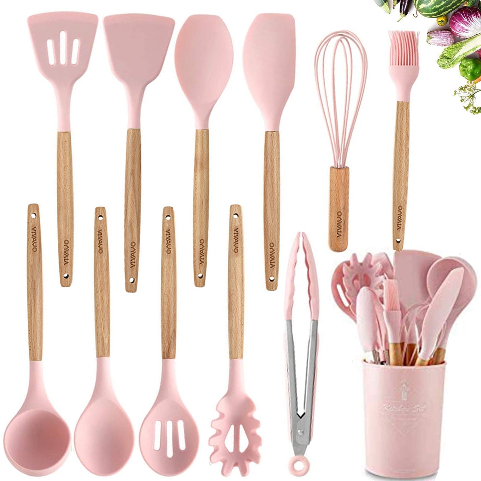 VIVAYO 12-Piece Silicone & Wood Kitchenware Set, Pink - Includes ...