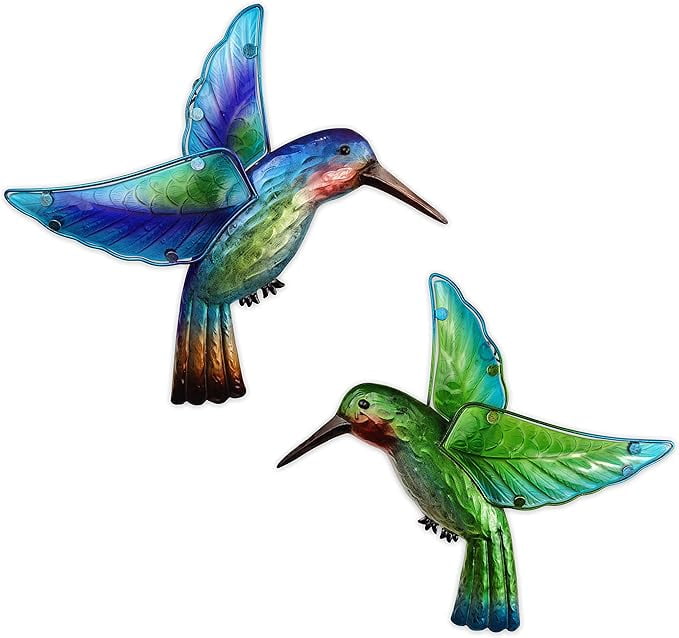 VIVICOMFY Metal&Glass Hummingbird Wall Art Decor,2Pack Metal Hummingbird Outdoor Plaques Wall ...