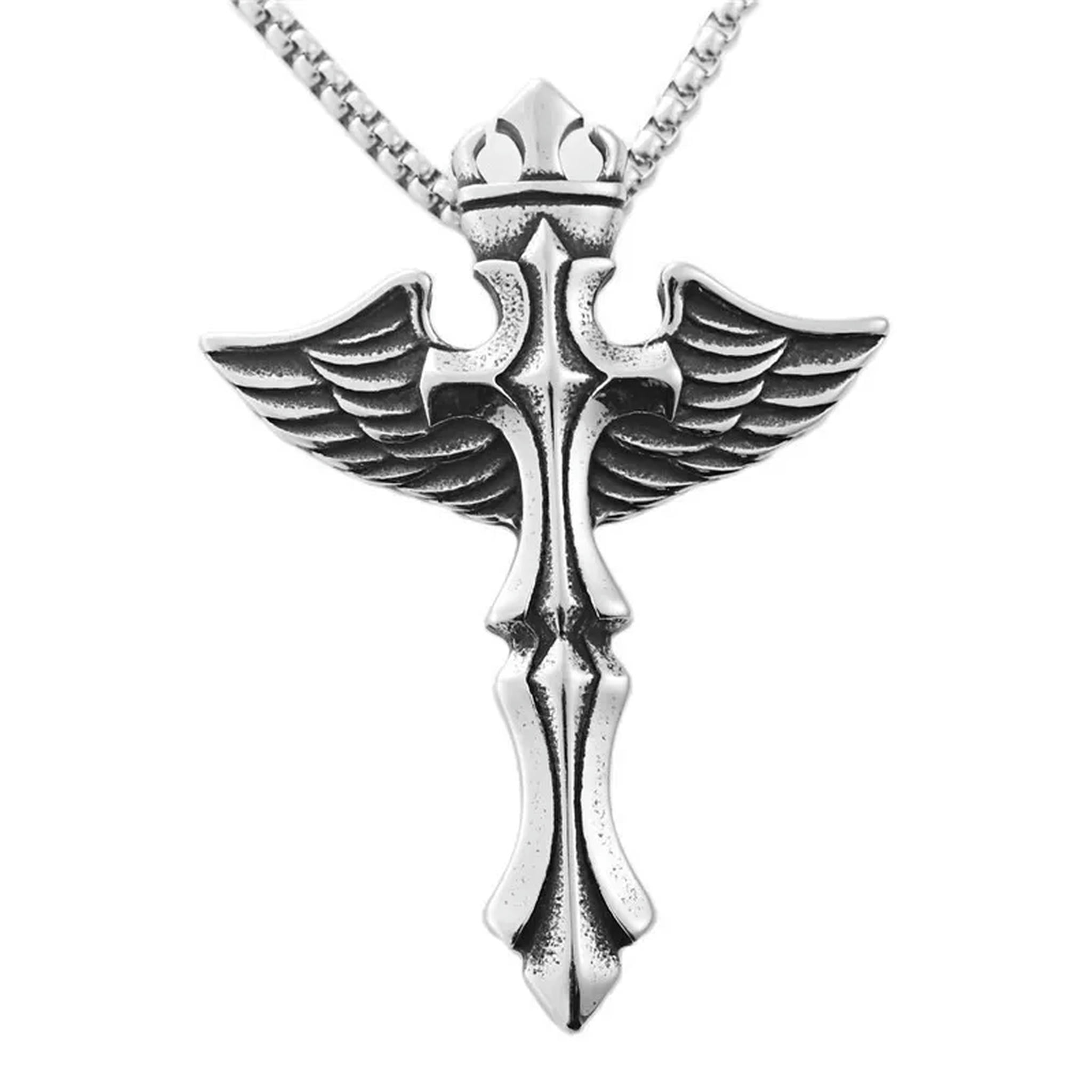 VIVIDELLE Big Mens Stainless Steel Angel Wings Cross Pendant Necklace ...