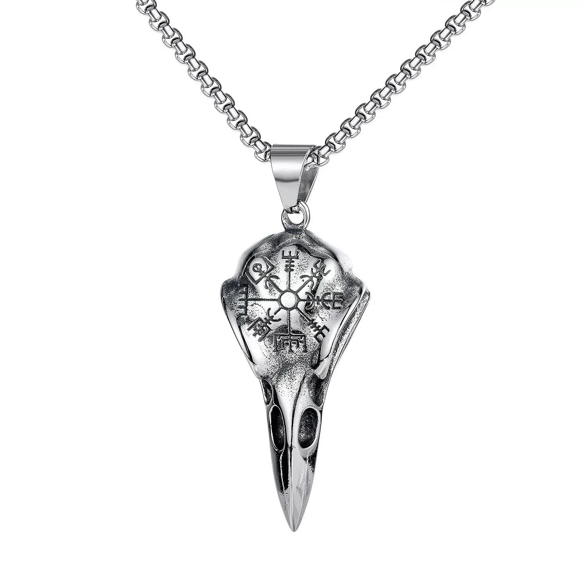 VIVIDELLE Mens Viking Raven Crow Skull Pendant Necklace Stainless Steel ...