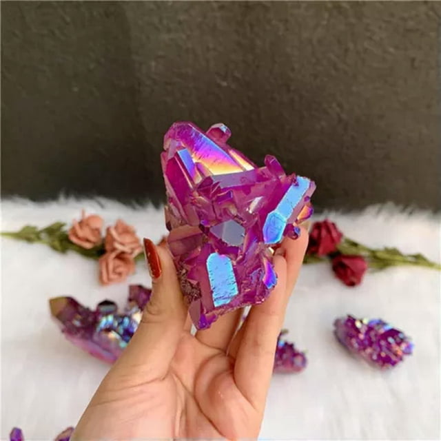 VIVIDELLE Natural Rainbow Aura Quartz Crystal Point Titanium Cluster ...