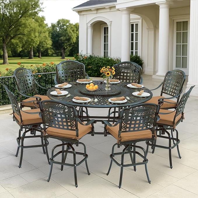 VIVIJASON 10-Piece High Patio Dining Set, All Weather Cast Aluminum ...