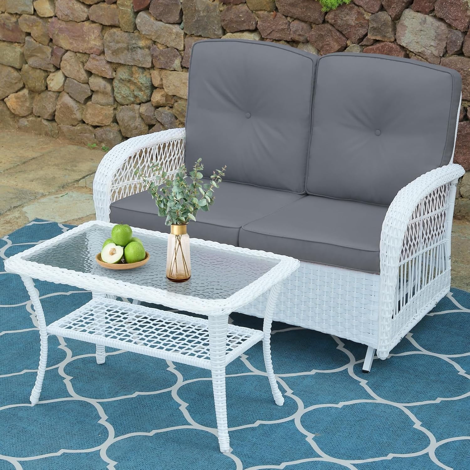 VIVIJASON 2-Piece Patio White Wicker Loveseat Glider Set Cushioned ...