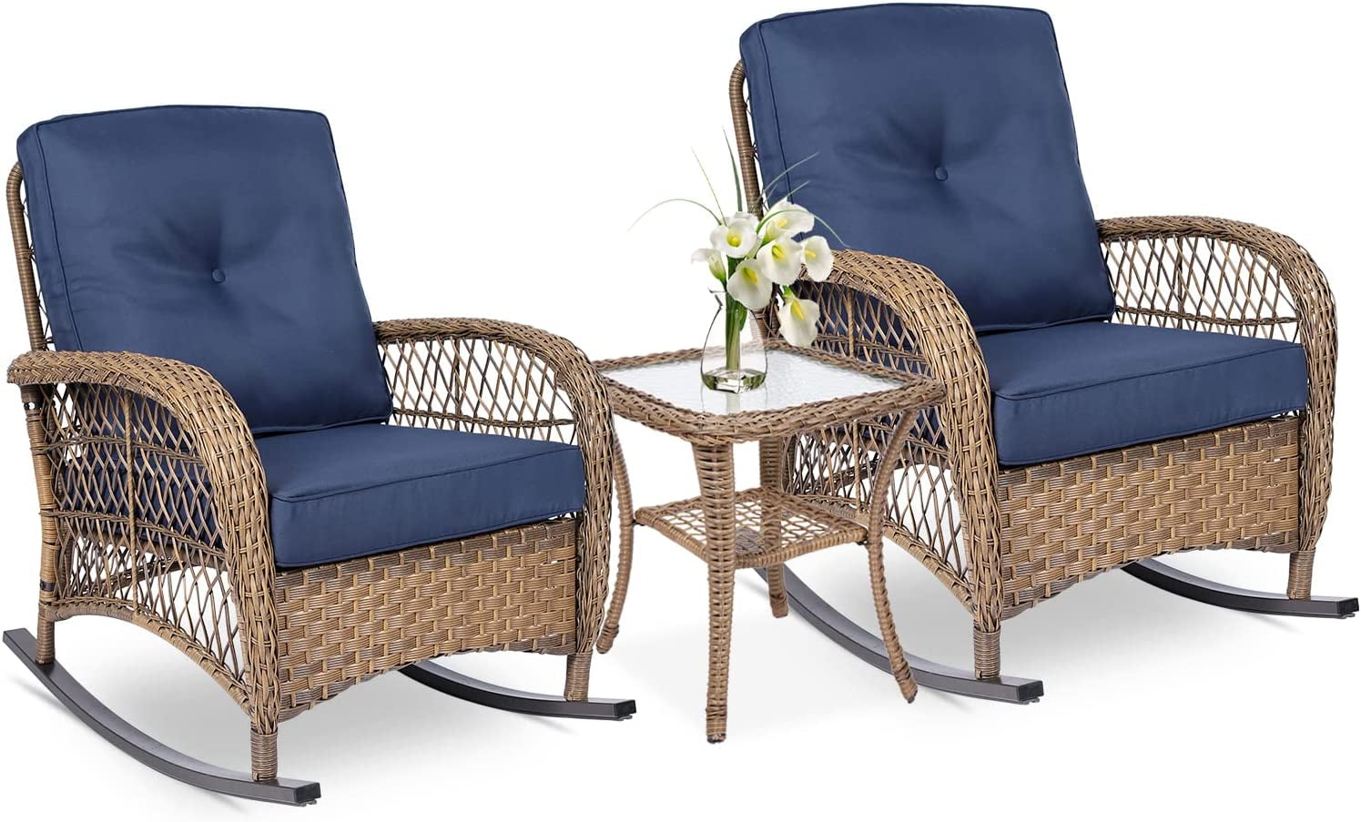VIVIJASON 3-Piece Outdoor Set with Wicker Rocking Chairs, Rattan ...