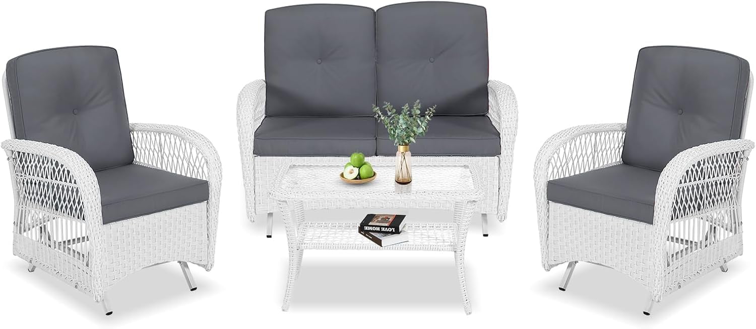 VIVIJASON 4-Piece Outdoor Patio White Wicker Conversation Sets, All ...