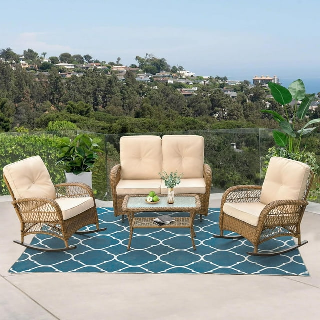 VIVIJASON 4-Piece Wicker Outdoor Patio Conversation Sets, Light Brown ...