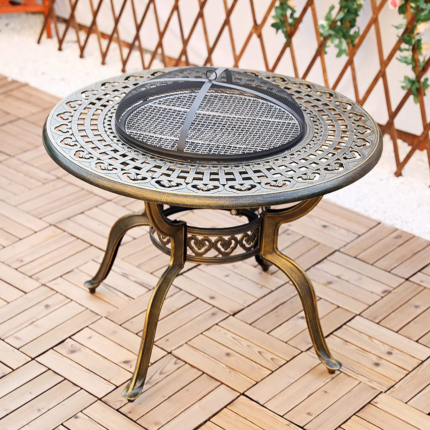 VIVIJASON 40.1" Patio Round Fire Pit Dining Table Charcoal/Wood Burning ...