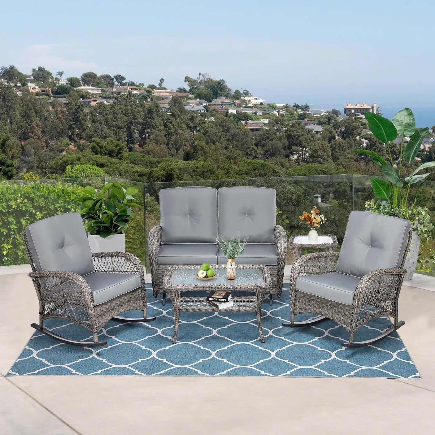 VIVIJASON 5-Piece Outdoor Patio Wicker Conversation Sets, All Weather ...