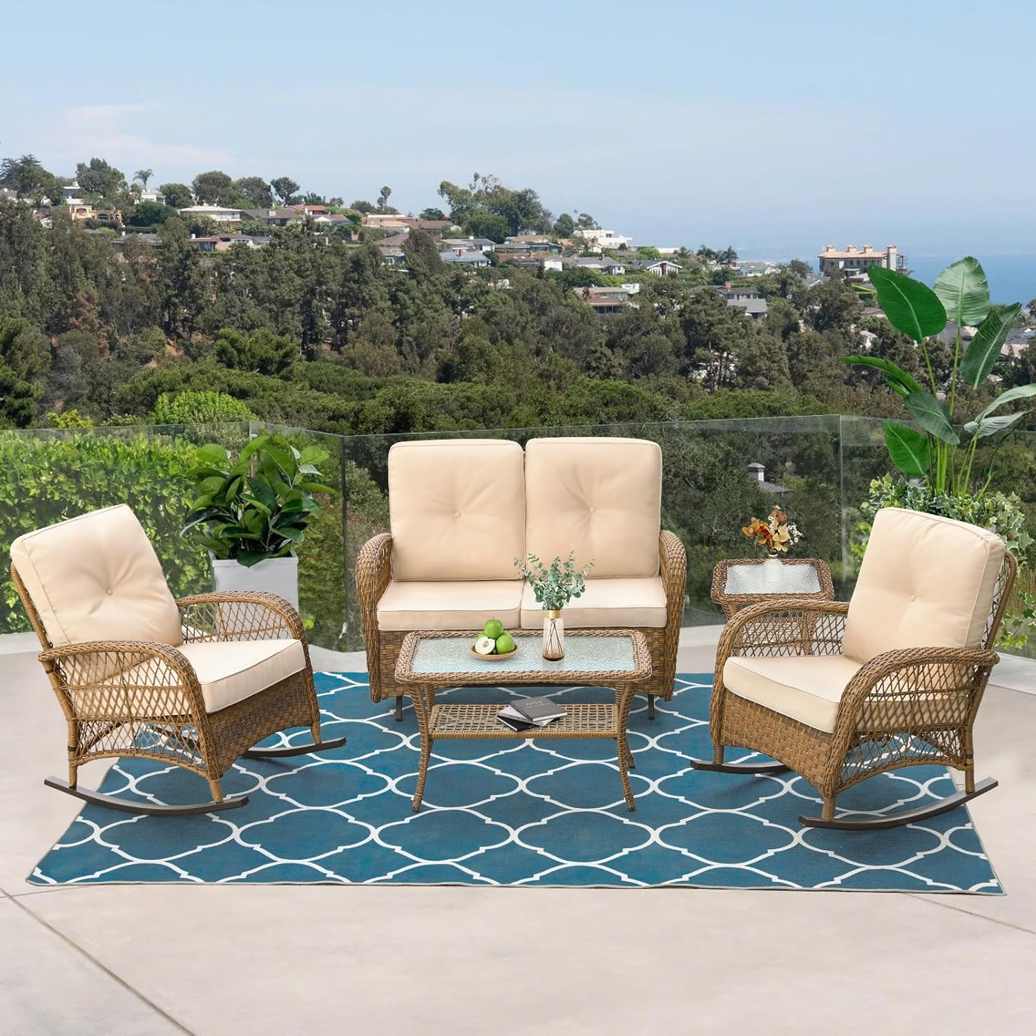 VIVIJASON 5-Piece Outdoor Patio Wicker Conversation Sets, All Weather ...