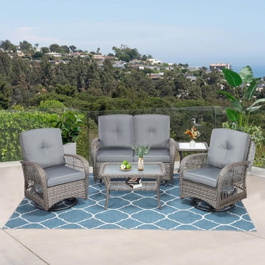 MEETWARM 5pc All-Weather Rattan Patio Set: 2 Rocking, 1 Loveseat Chairs ...