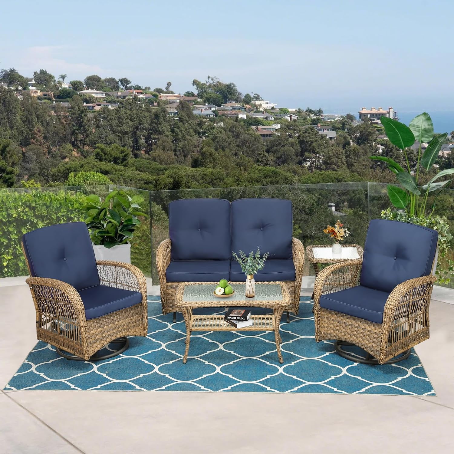 VIVIJASON 5-Piece Patio Wicker Set with Loveseat, 2 Tables, 2 Swivel ...