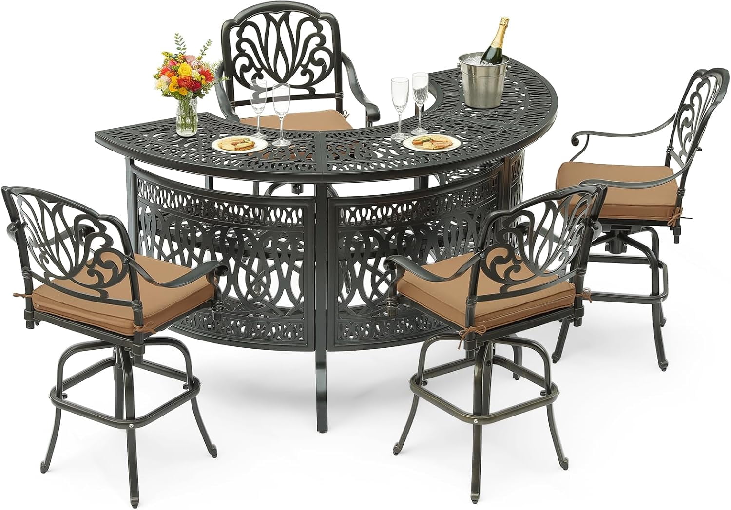 VIVIJASON 5-Piece Patio Bar Set, 75" Cast Aluminum Half Moon Bar Table ...