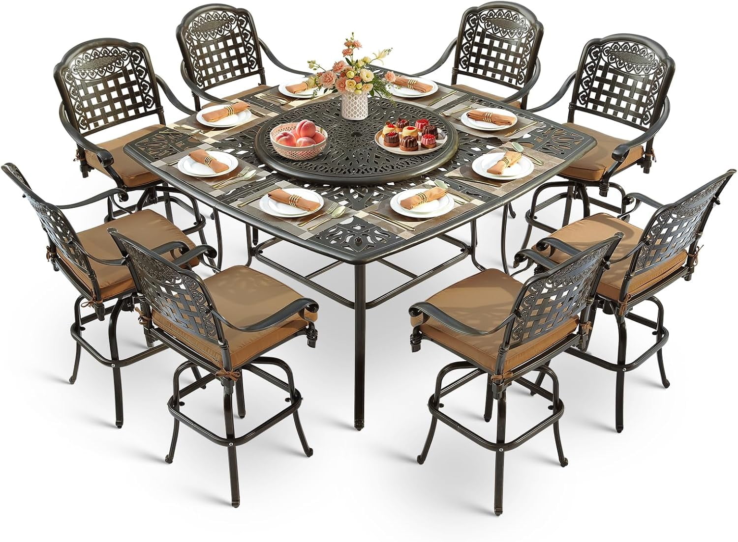 VIVIJASON 9-Piece High Patio Dining Set, All Weather Cast Aluminum ...