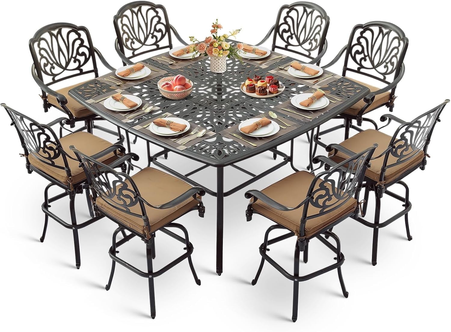 VIVIJASON 9-Piece Outdoor High Patio Dining Set, Free-Rust Cast ...