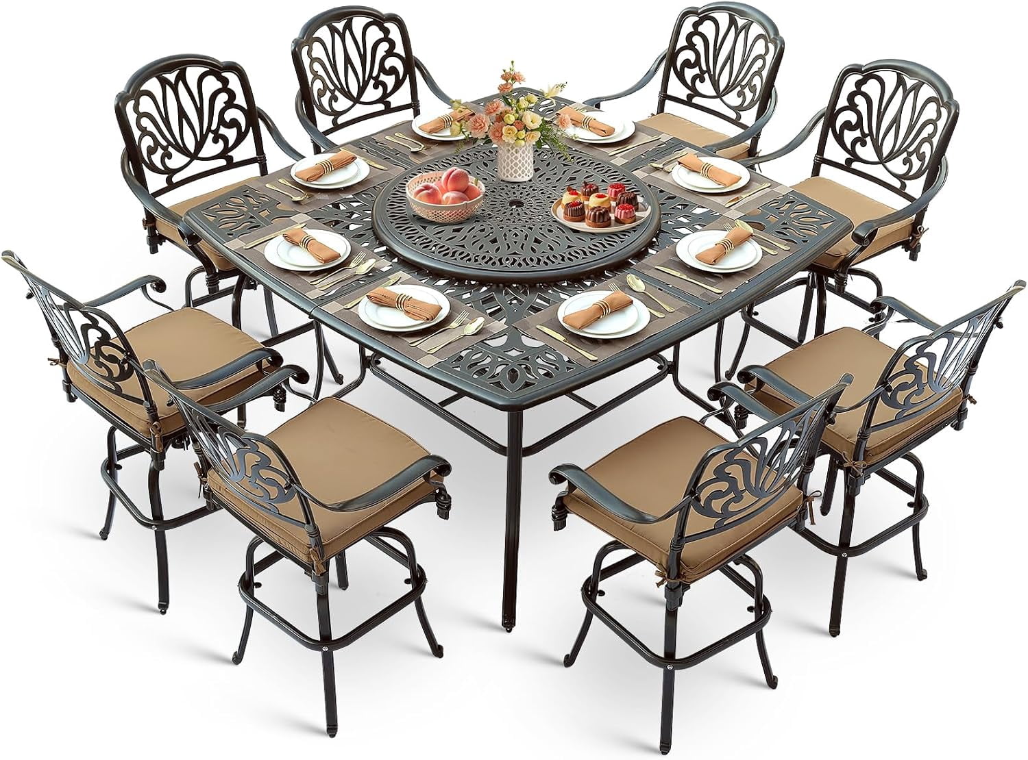 VIVIJASON 9-Piece Outdoor High Patio Dining Set, Free-Rust Cast ...