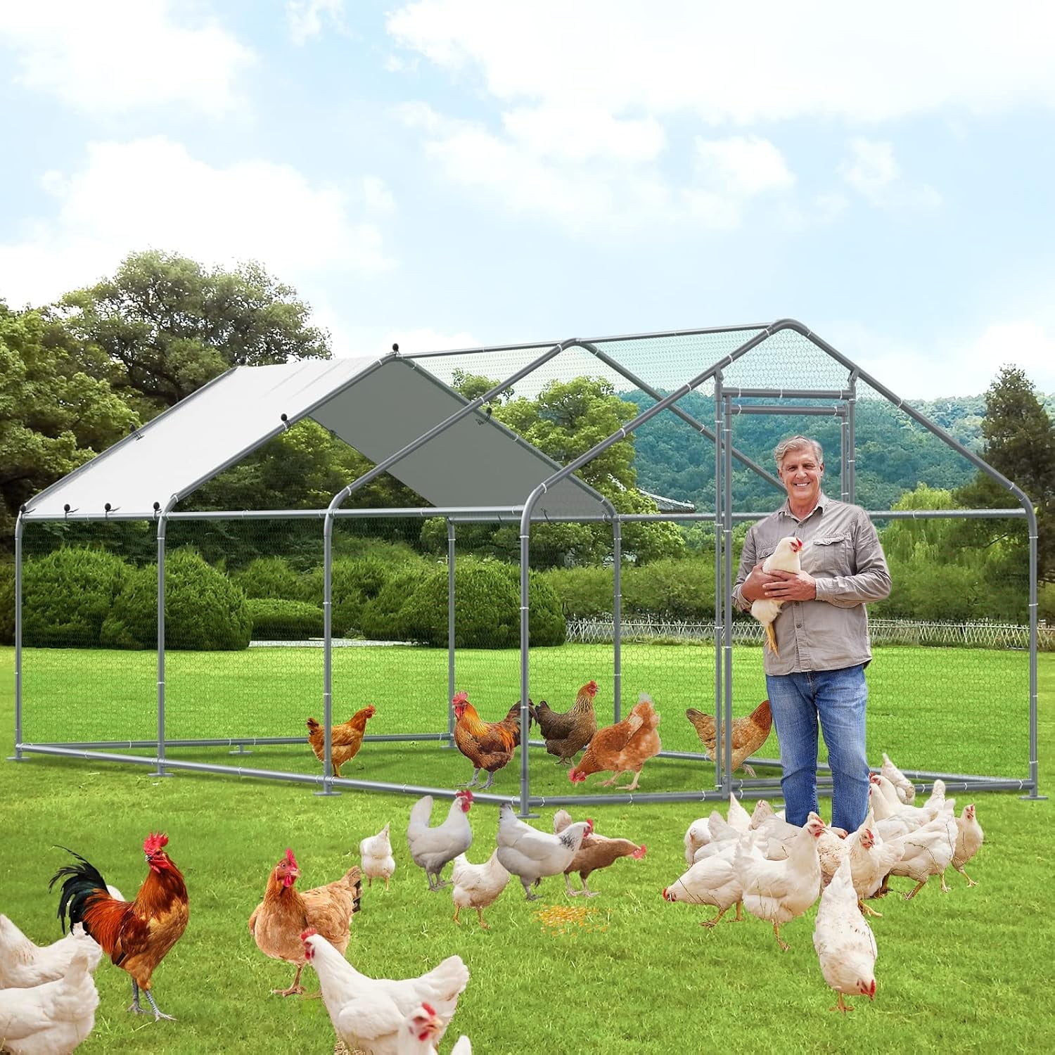 VIVIJASON Outdoor Metal Chicken Coop Large Walk-in Poultry Cage Hen Run ...