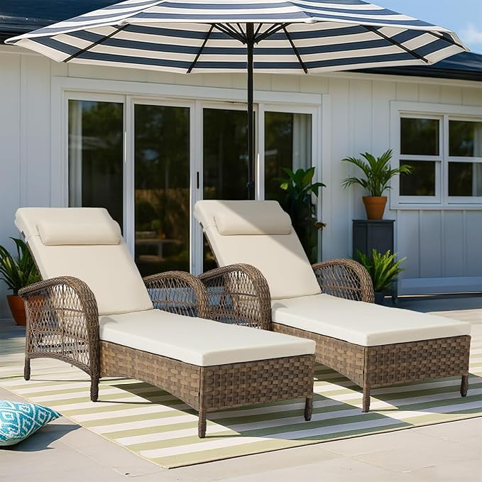 VIVIJASON Set of 2 Outdoor Wicker Chaise Lounge Chair, 77" Long PE ...