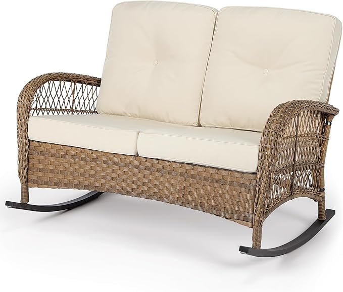 VIVIJASON Outdoor Wicker Loveseat Rocking Chair, 2-Person Patio Rattan ...