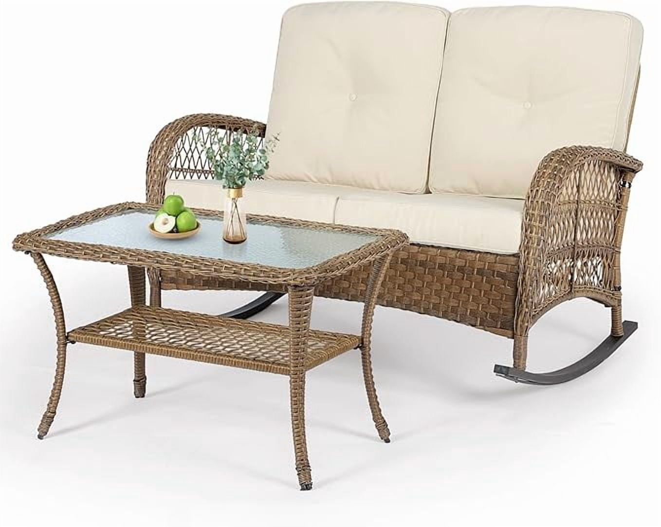VIVIJASON Outdoor Wicker Loveseat Rocking Chair with Coffee Table, 2 ...
