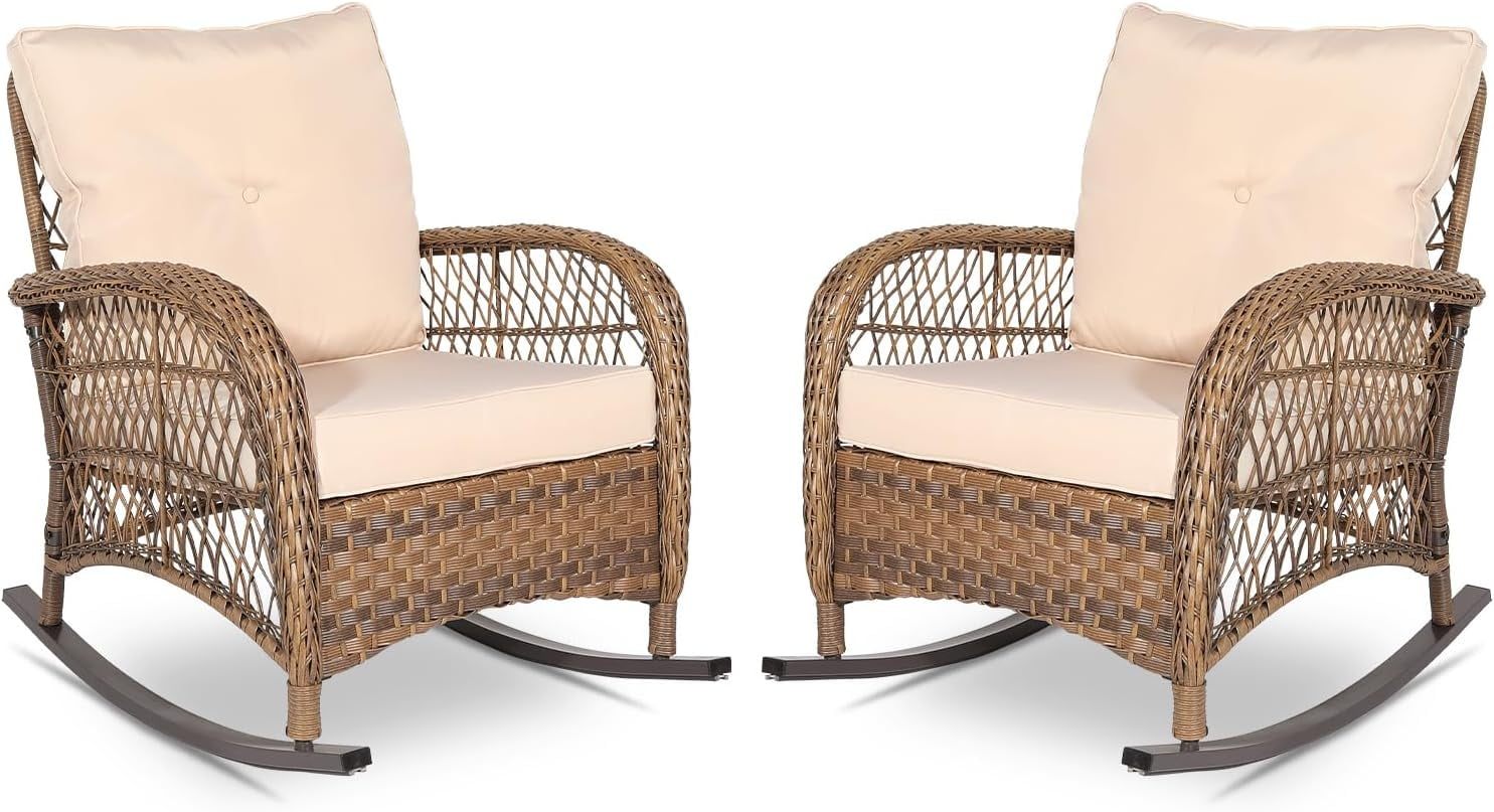 VIVIJASON Outdoor Wicker Rocking Chair, Patio Rattan Rocker Chair with ...