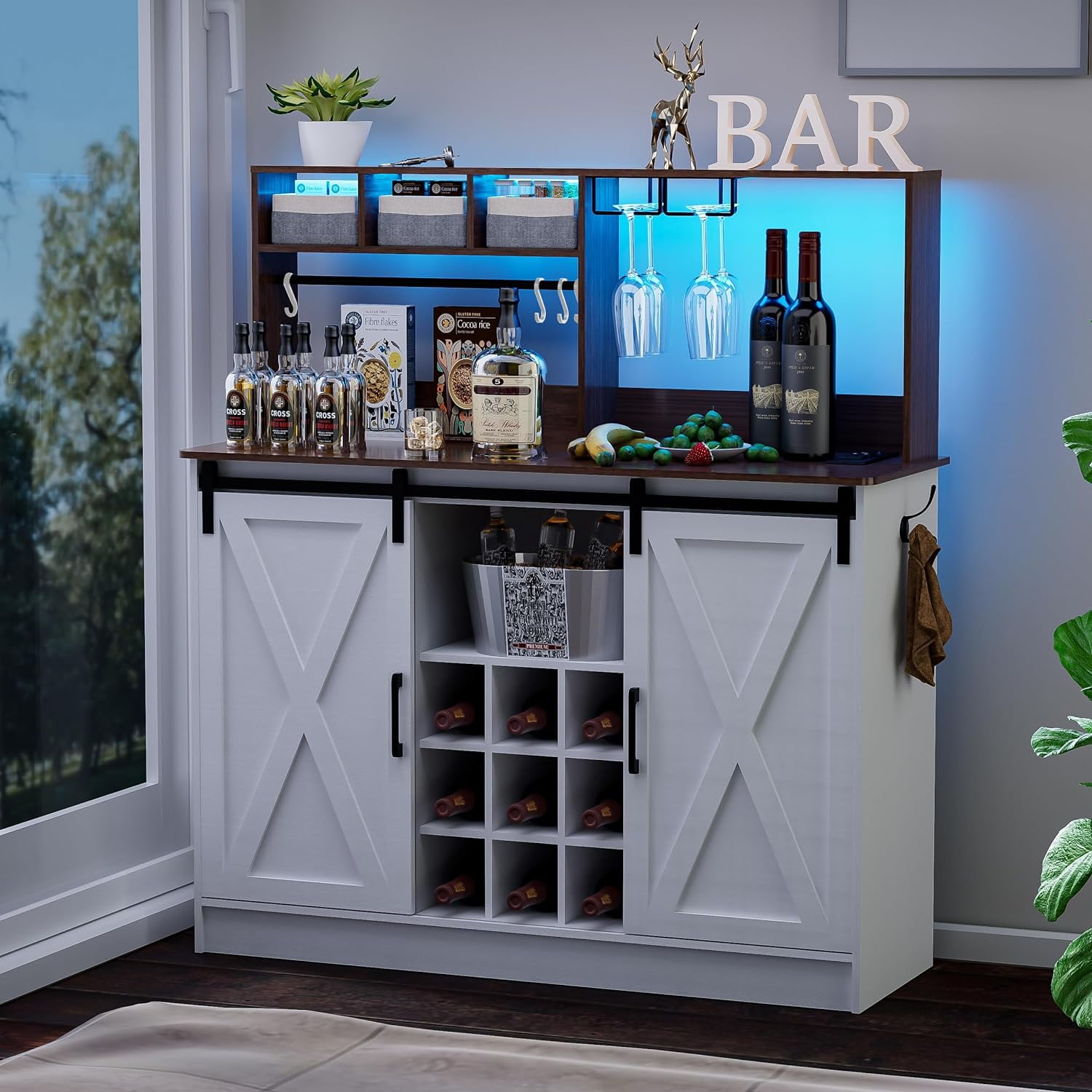 VIVISPECIAL Coffee Bar Cabinet with Storage, Adjustable LED Lights and ...