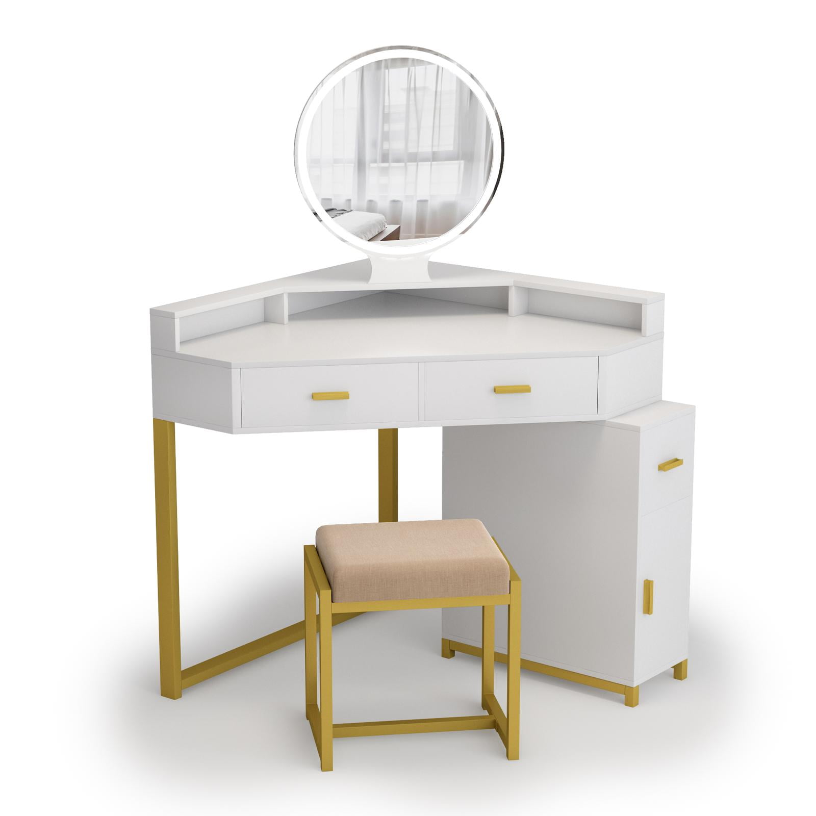 VIVISPECIAL Corner Vanity Set with Lighted Mirror, Makeup Dressing ...