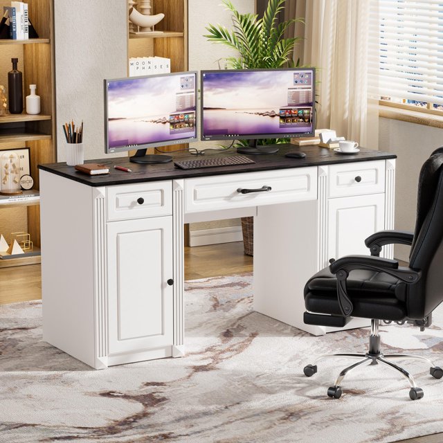 VIVISPECIAL Farmhouse Executive Desk with Charging Station, Computer ...