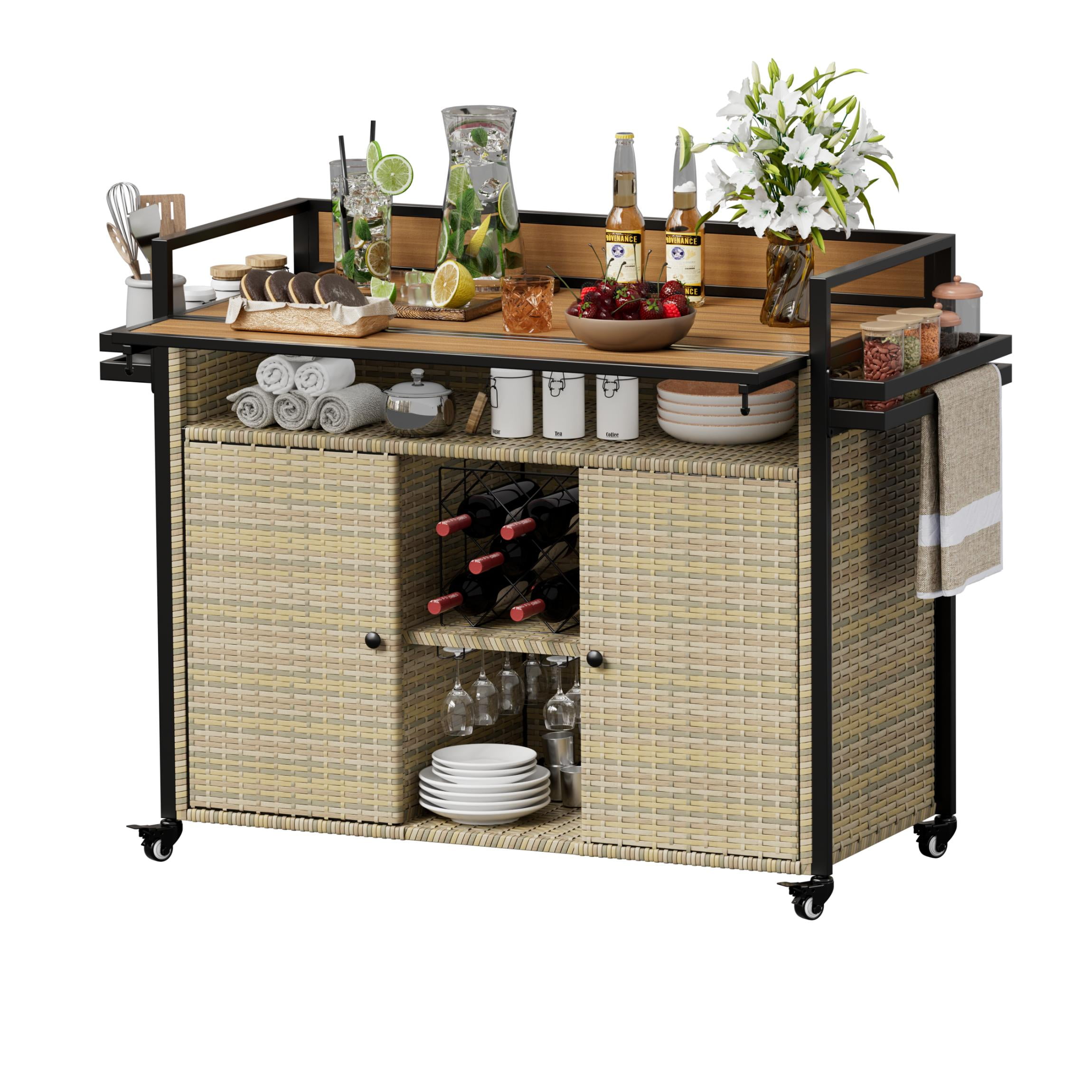 VIVISPECIAL Outdoor Kitchen Wicker Island Rolling Cart Bar Table ...