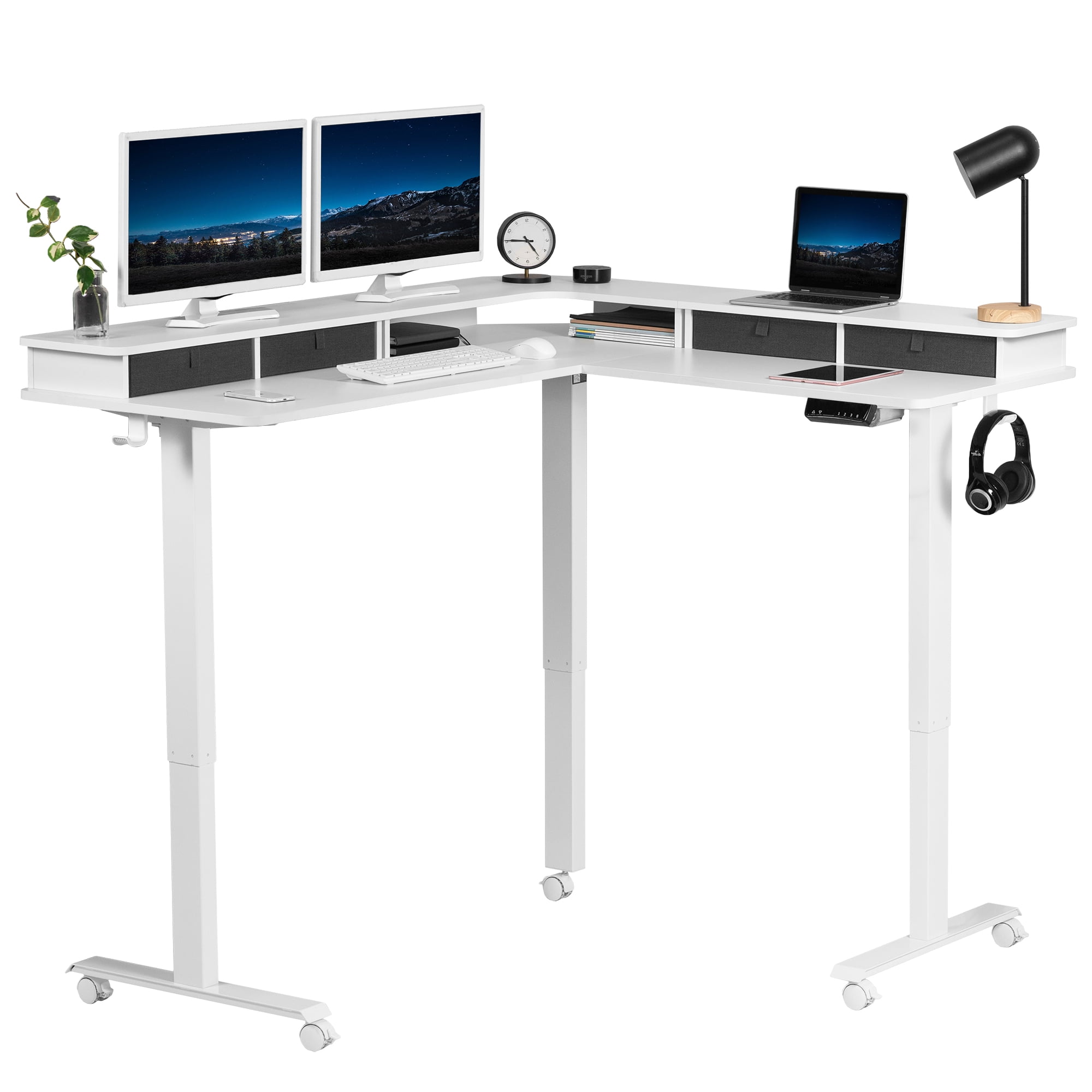 VIVO 2-Tier Electric 63" x 55" Corner Desk, White Table Top, White ...
