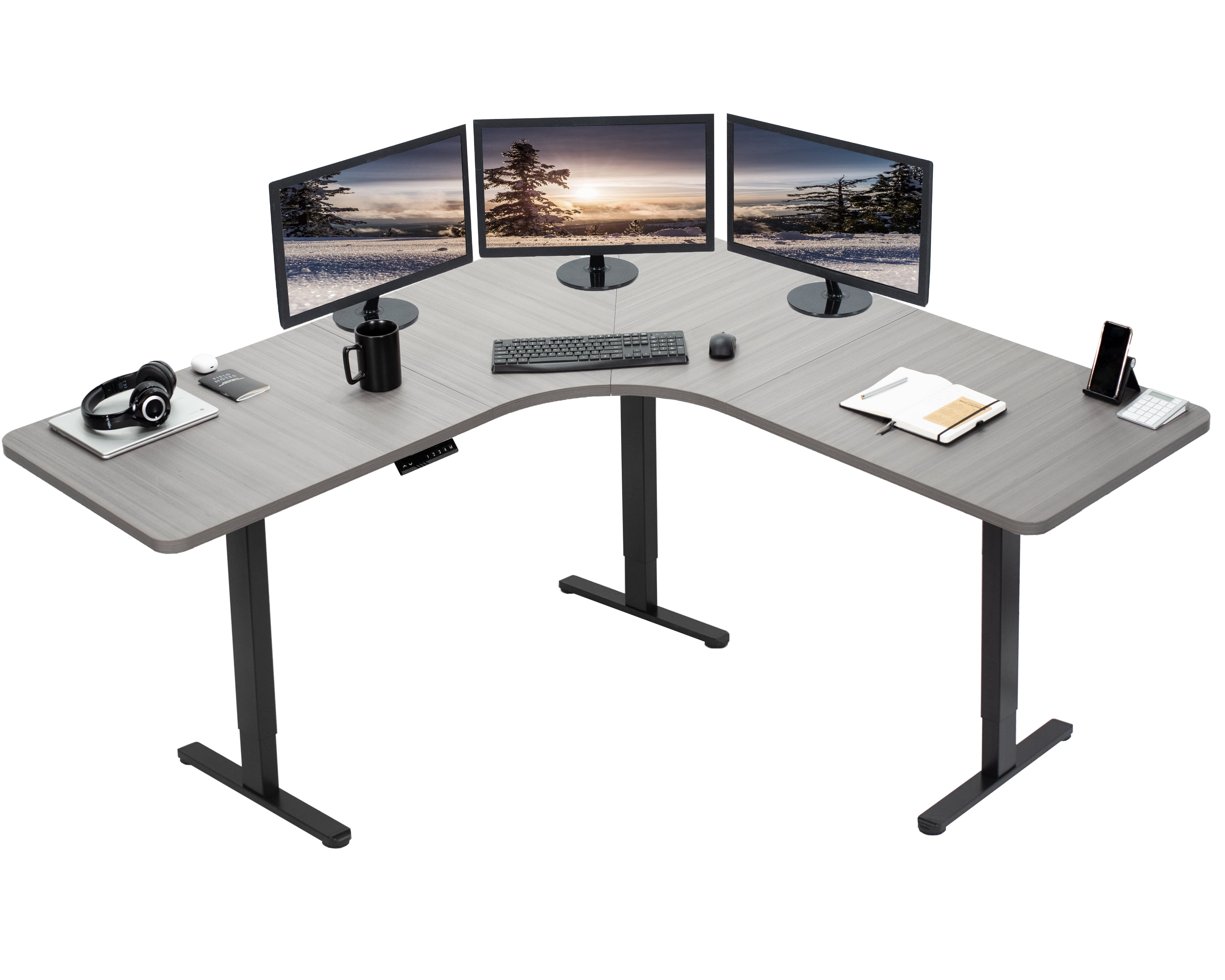 VIVO Dark Gray / Black Electric 71" x 71" Curved Corner Stand Up Desk ...