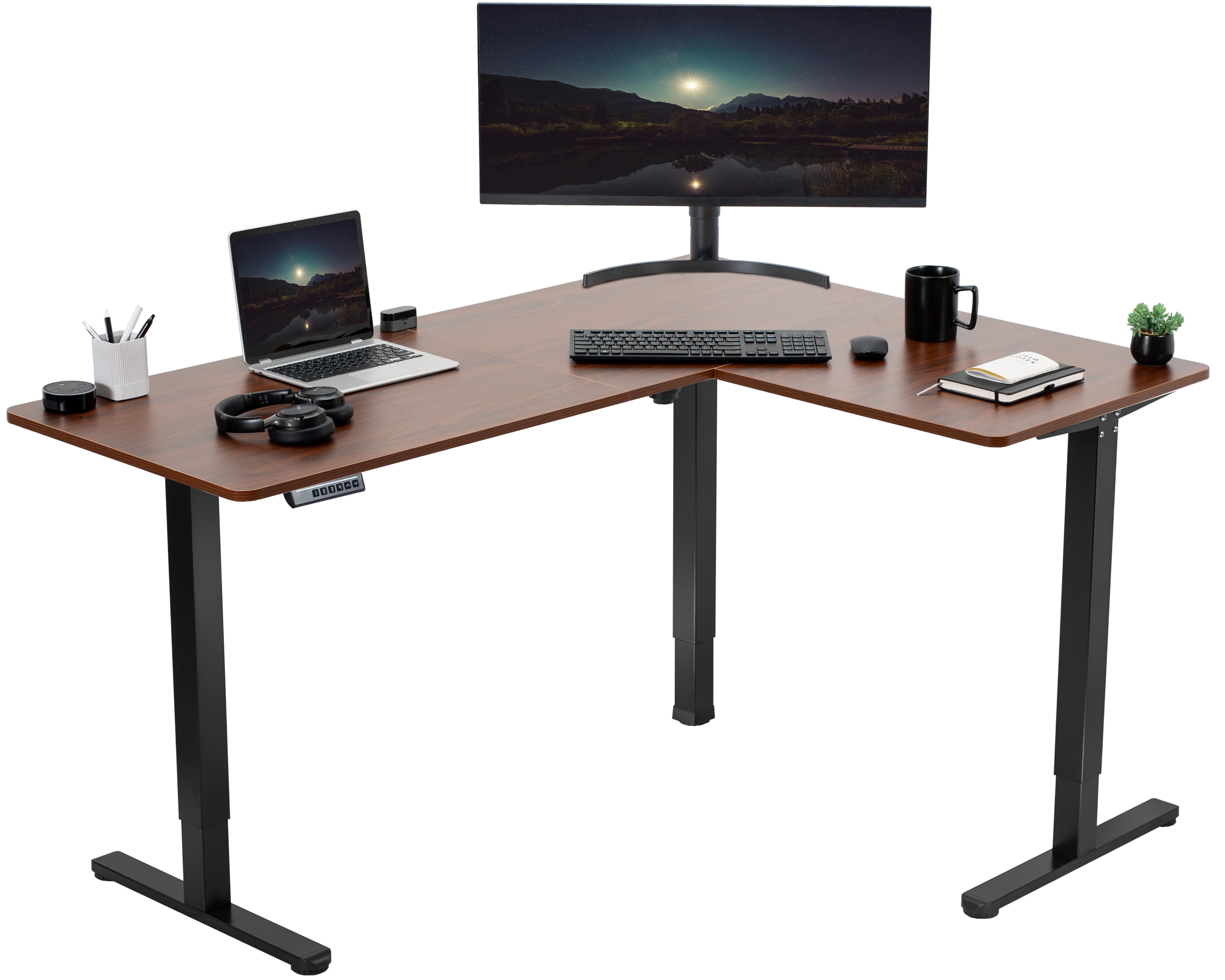 VIVO Dark Walnut / Black Electric 63" x 47" Corner Standing Desk ...