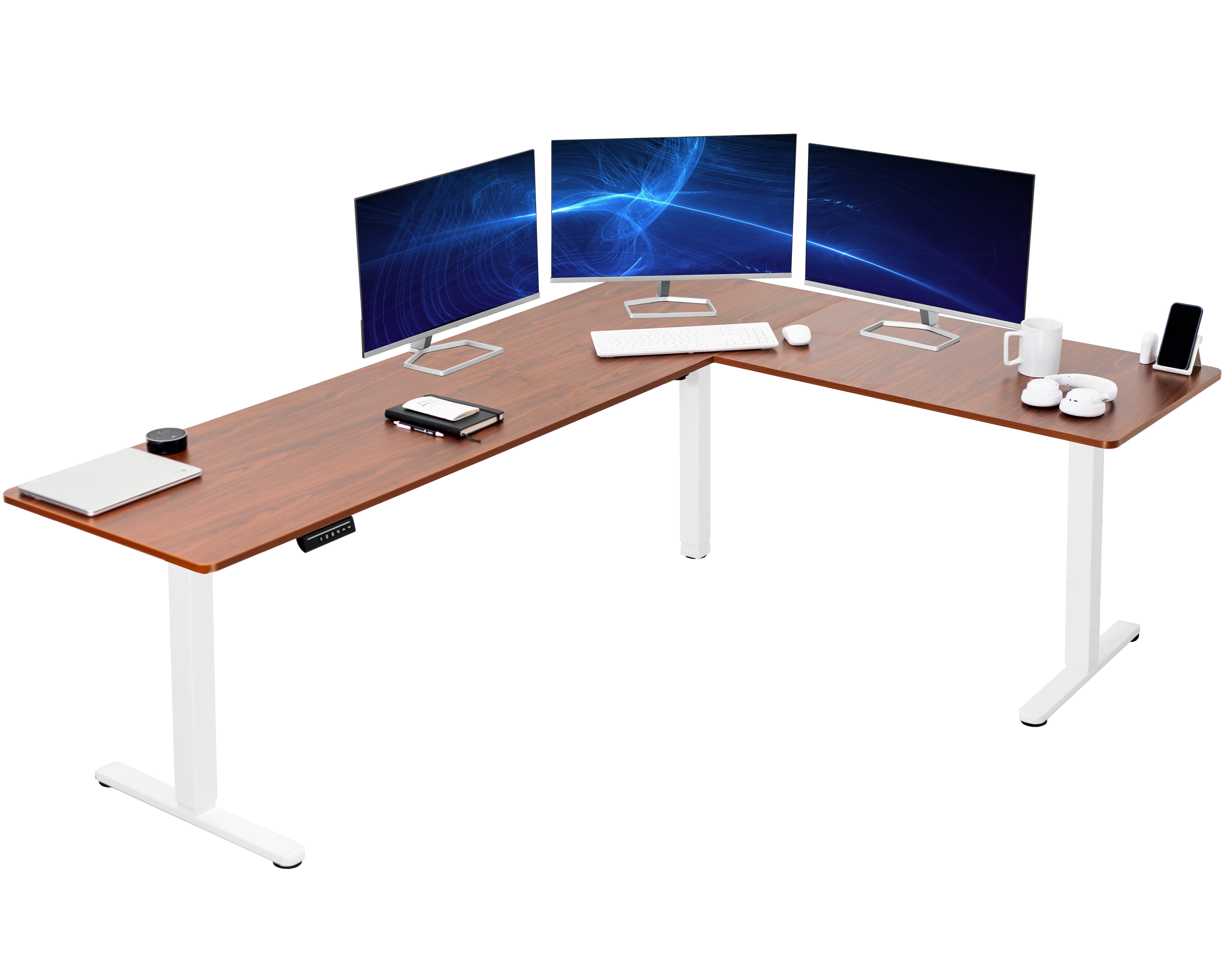 VIVO Dark Walnut / White Electric 84" x 63" Corner Desk, L-Shaped ...