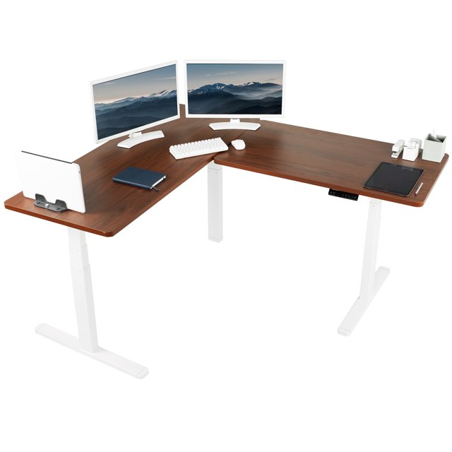 VIVO Electric Stand Up Corner Desk, Dark Walnut Table Tops, White Frame ...