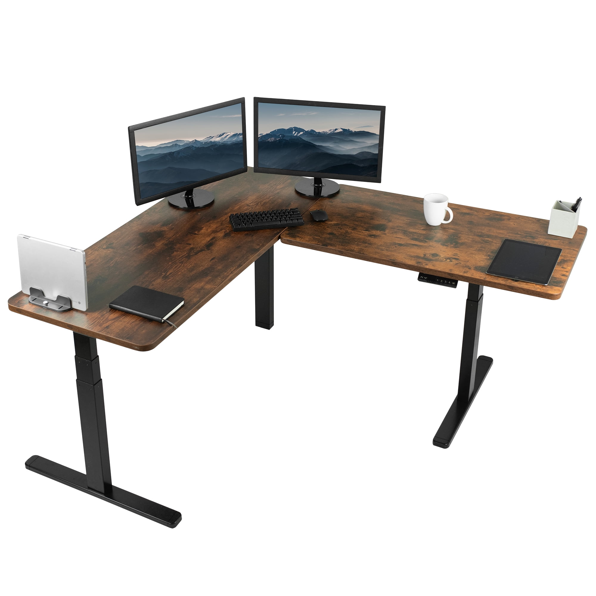 VIVO Electric Stand Up Corner Desk, Rustic Vintage Brown Table Tops ...
