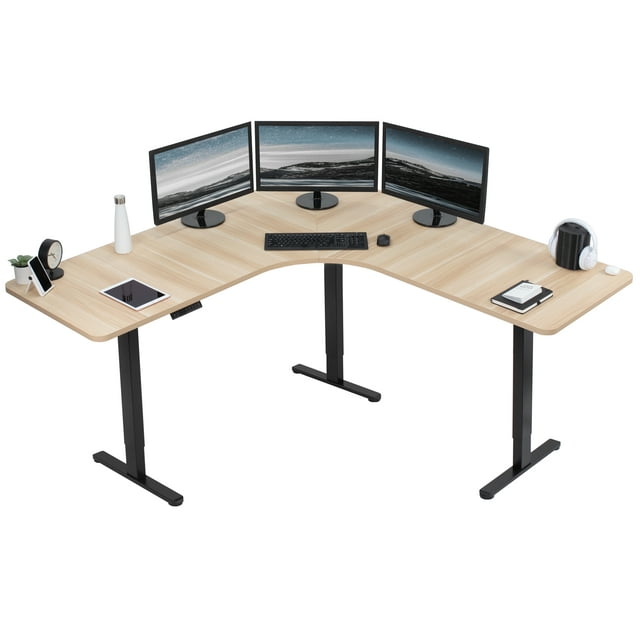 VIVO Light Wood / Black Electric 71" x 71" Curved Corner Stand Up Desk ...