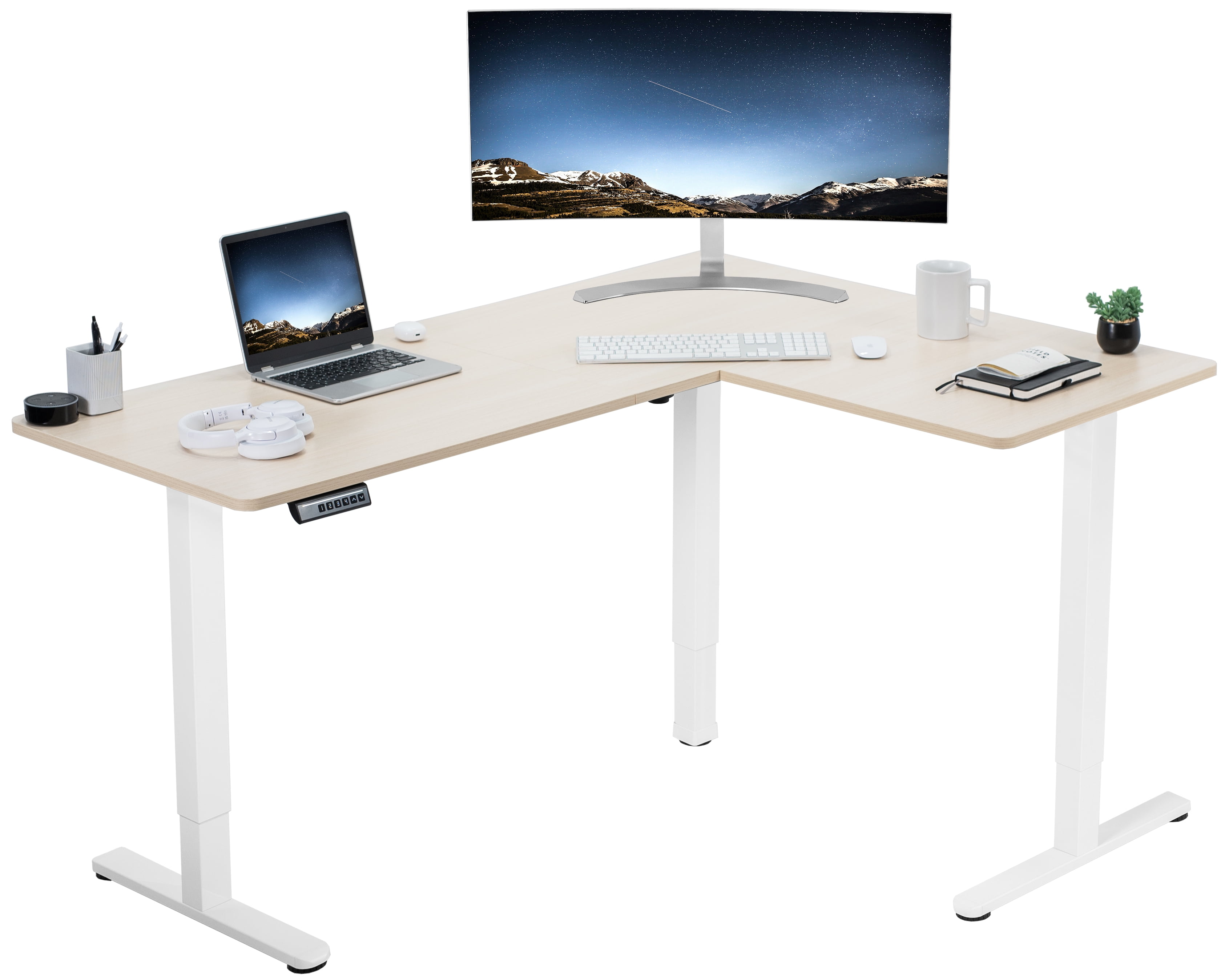VIVO Light Wood / White Electric 63" x 47" Corner Standing Desk ...