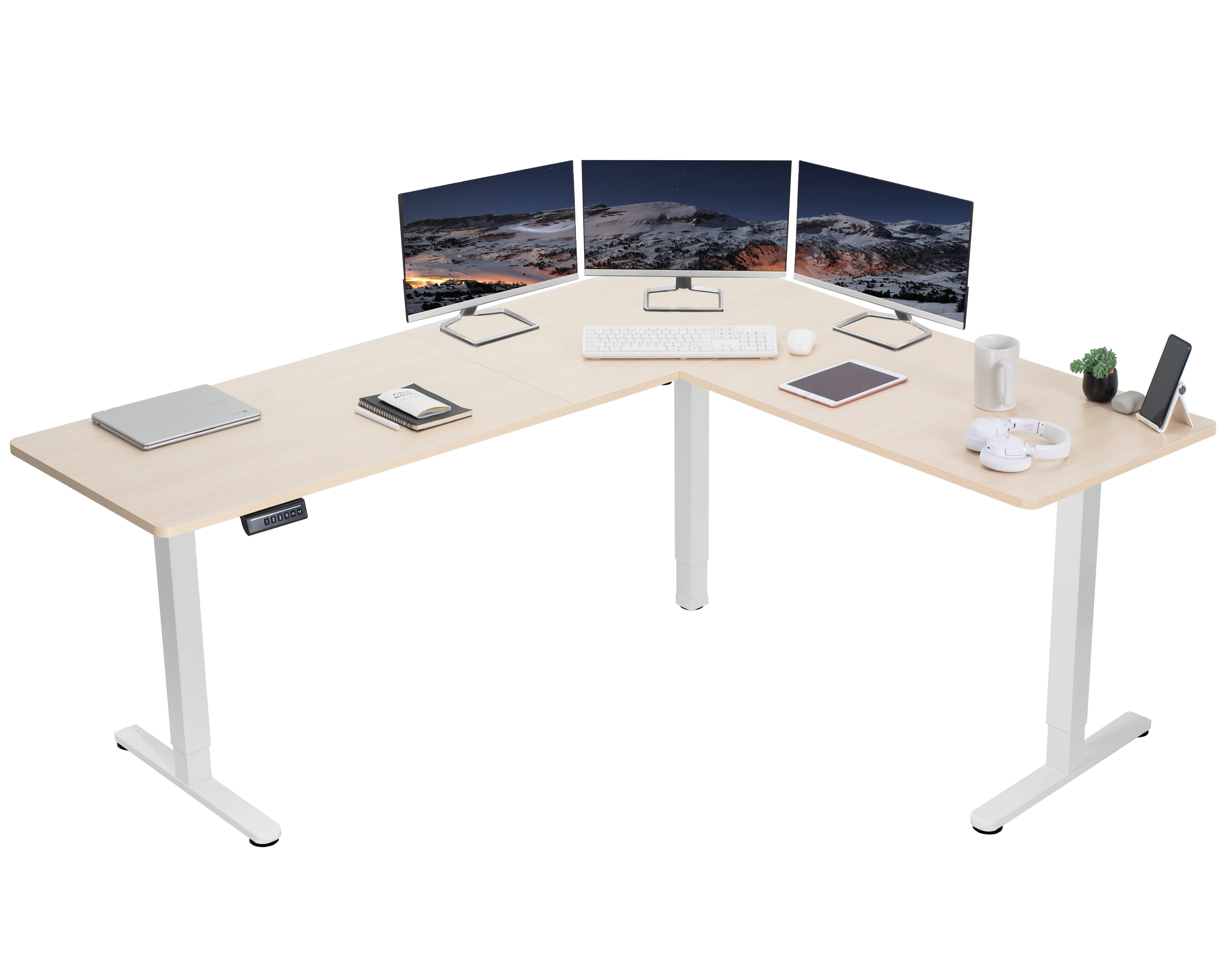 VIVO Light Wood / White Electric 75" x 63" Corner Desk Workstation ...