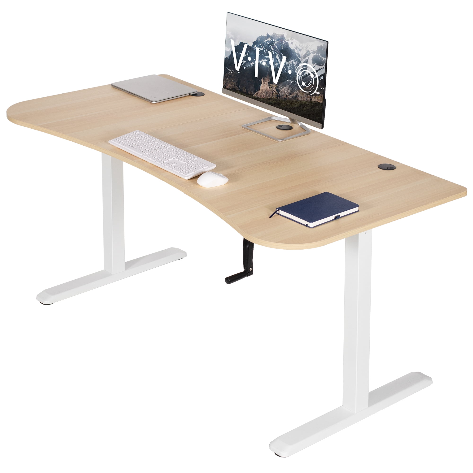 VIVO Light Wood / White Manual Height Adjustable Stand Up Desk Frame w ...