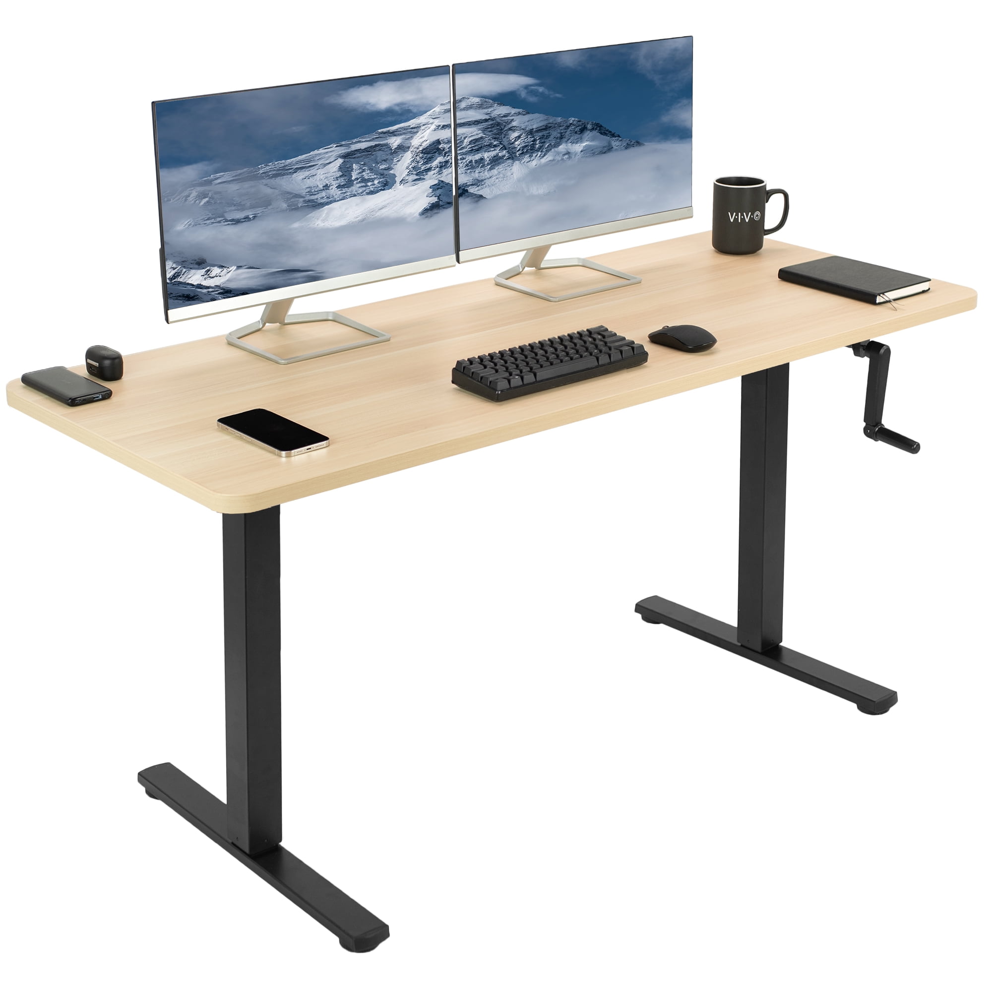 VIVO Manual 60” x 24” Stand Up Desk | Light Wood Table Top, Black Frame ...