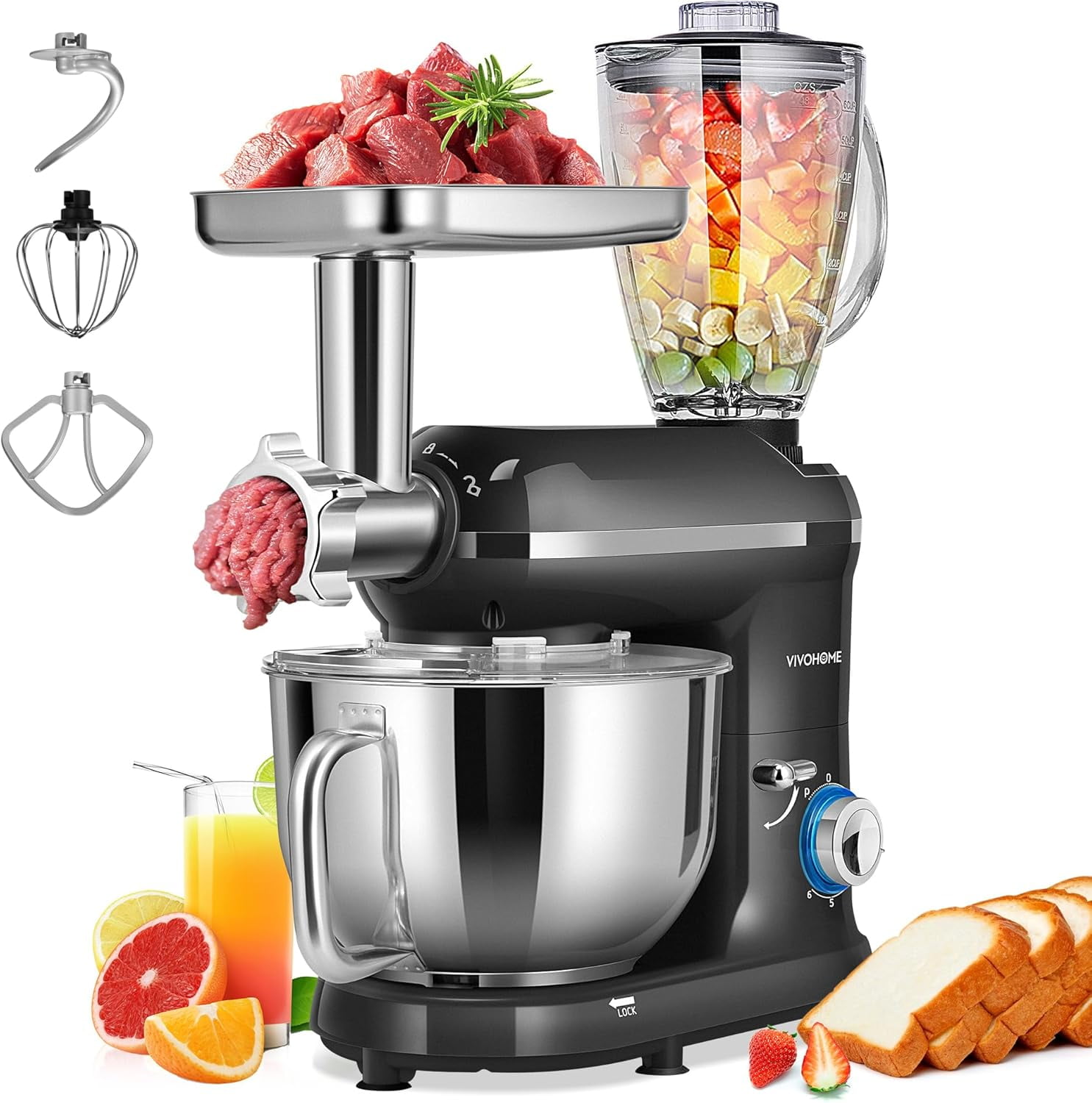 VIVOHOME 3 in 1 Multifunctional Stand Mixer with 6 Quart Stainless Steel Bowl, 650W 6 Speed Tilt ...
