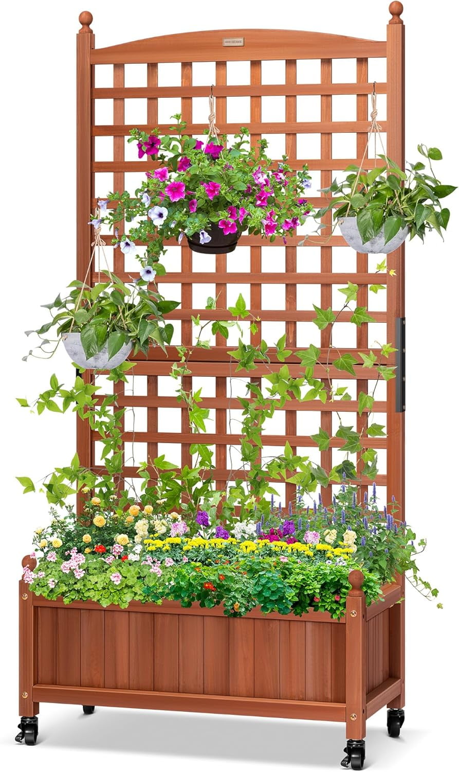 VIVOHOME Mobile Planter Box with Trellis 50 Inch Tall, Standing Natural ...