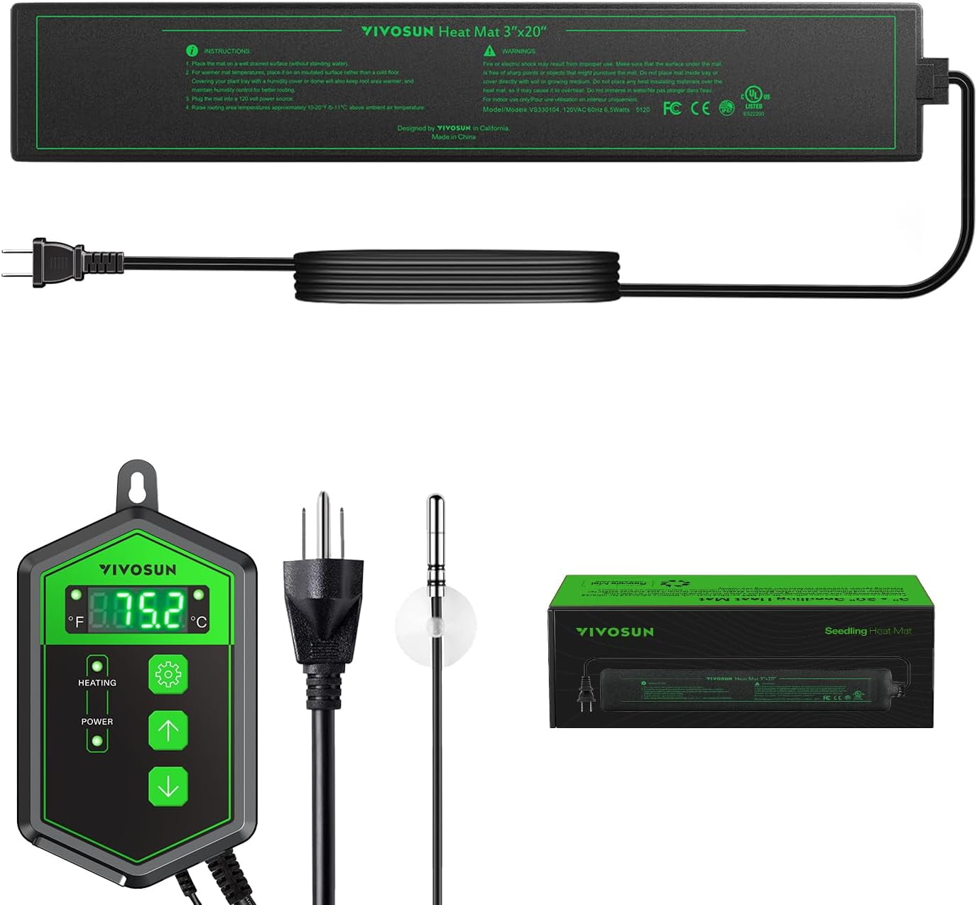 VIVOSUN 3" x 20" Seedling Heat Mat and Digital Thermostat Combo Set, UL ...