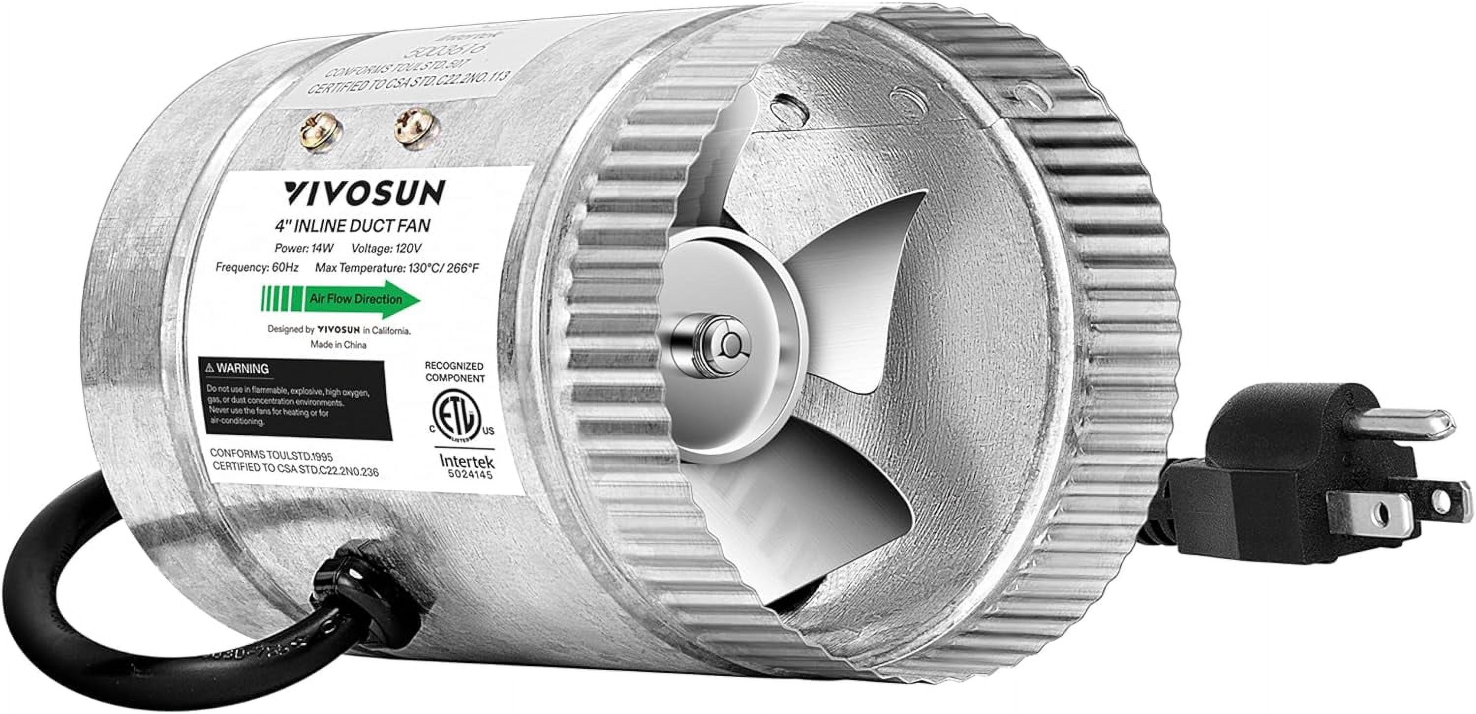 VIVOSUN 4 Inch 100 CFM Inline Duct Fan, Low Noise HVAC Exhaust for ...