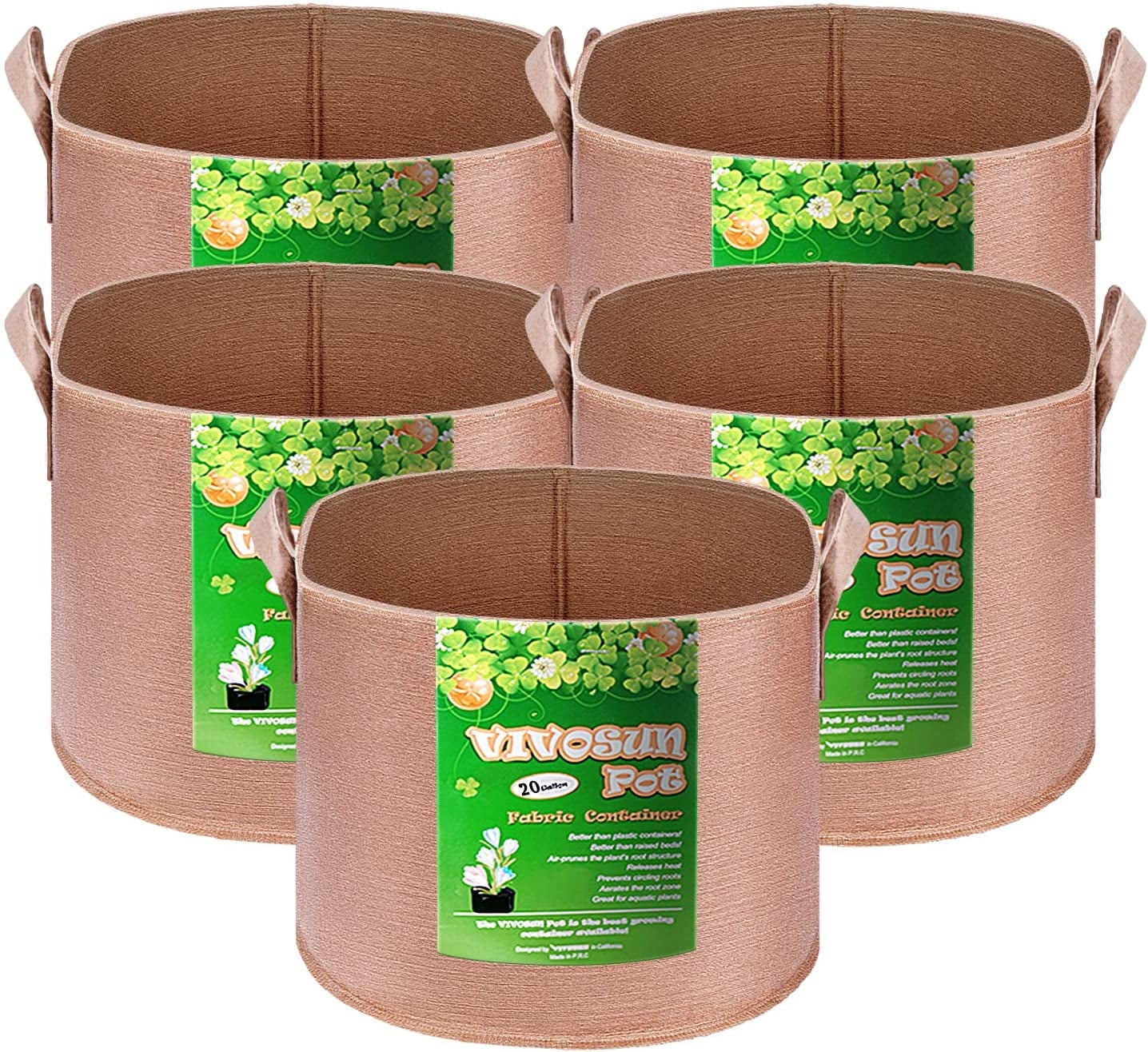 VIVOSUN 5-Pack 20 Gallon Tan Grow Bags, Thicker Fabric Pots with ...